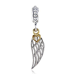 Junyi Jewelry Angel Charm Wing Charm with Heart Charm 925 Sterling Silver Feather Charm Christmas Charm for Pandora Bracelet (Silver)