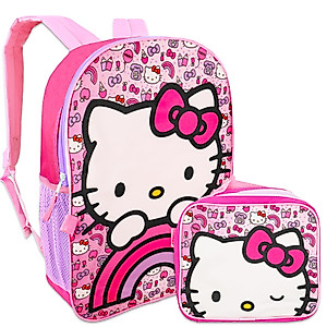 Hello Sanrio Kitty Backpack With Lunch Bag For Girls, Kids ~ 5 Pc Bundle With 16 inches Hello Kitty School Bag, 2000+ Stickers, Page Clips, And More (Hello Kitty School Supplies Stuff)