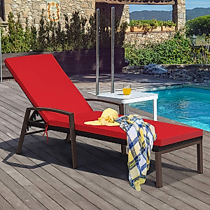 COSTWAY 2PCS Patio Rattan Lounge Chair, Back Adjustable (Red)