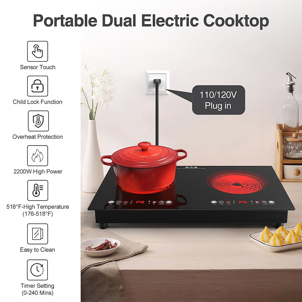 VBGK Electric cooktop,110V 24 inch 2 Burner Electric Cooktop,Built-in and Countertop Electric Stove Top,2200W Electric Stove,9 Power Levels, Kids Lock & Timer,LED touch control,Overheat Protection