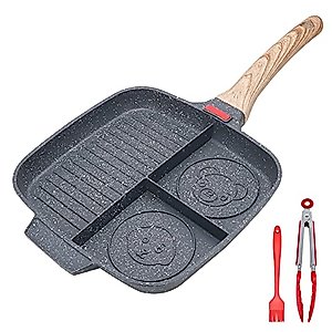 Bobikuke Nonstick Grill Pan for Stove Tops, 10.5 inch Sectional Skillet, Divided Pan for Breakfast, Square Grill Skillet with Silicone Brush & Clip, Compatible with All Stovetops (Black)