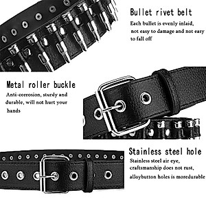 Rsleepd Bullet Studded Belt, Punk Rivet Belt Black Leather Rock Belt with Silver Bullet for Women Men