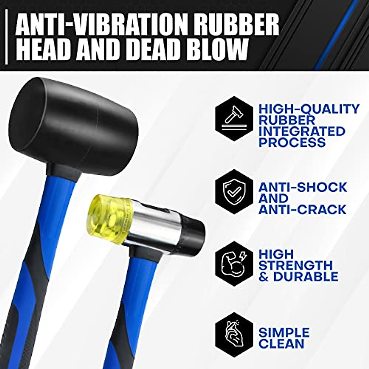 C&T 2-Piece Hammer Set,Black Rubber Mallet Hammer, Double-Faced Soft Hammer With Fiberglass Handle,Rubber Mallet Set