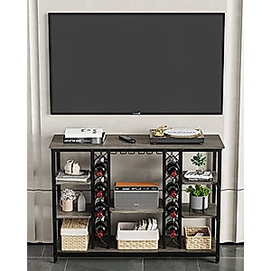 Teraves Modern Wine Rack Table, 47 Inch Wine Baker's Rack with Storage Shelves, 4 Tier Freestanding Wine Rack for Bar, Buffet, Home Kitchen Dining Room Living Room (Black Oak+Black Frame)