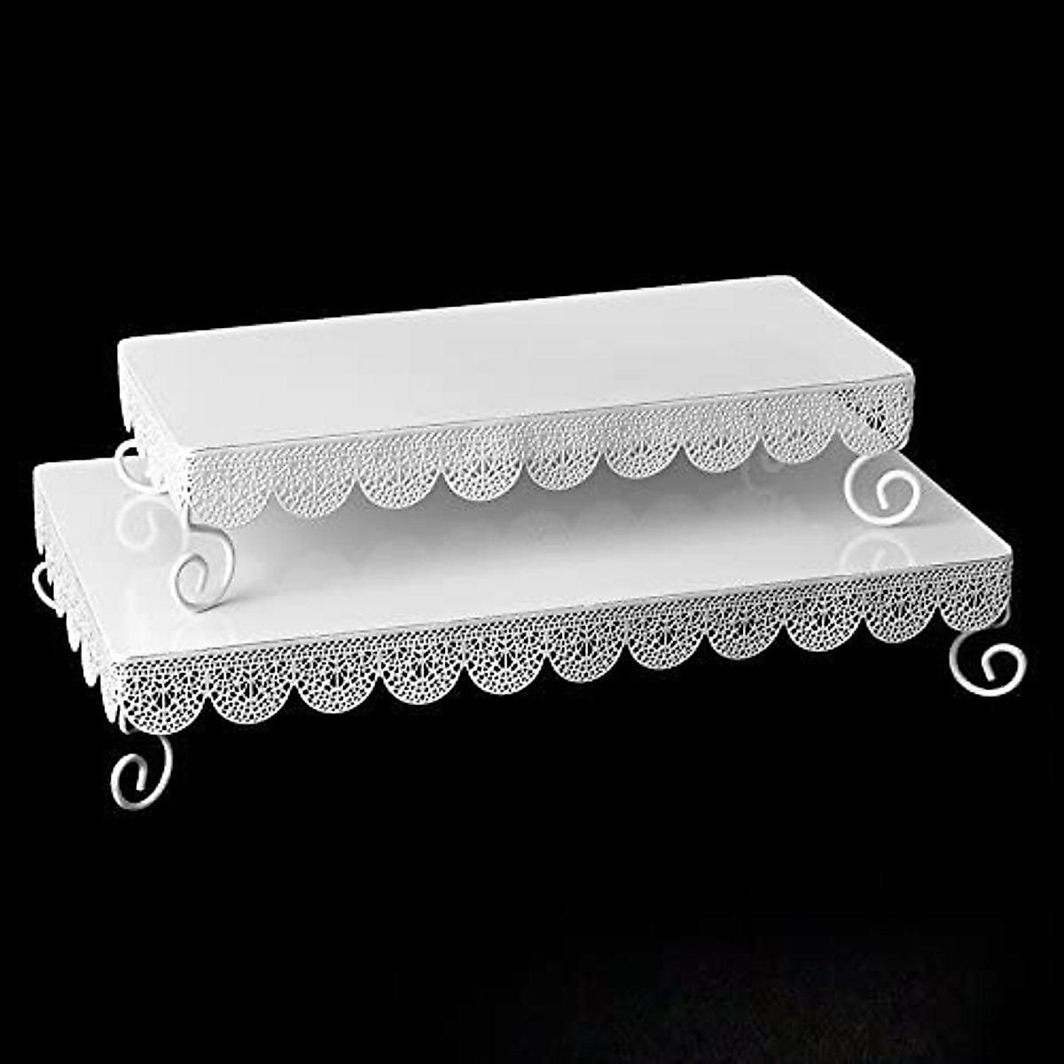 Dulcet Delights Metal Rectangle Eyelet Cake Stands with Lattice Borders – Cake stands for Birthdays, Weddings, Parties and Events - 14 ½"L x 6 ½”W x 3 ¼”H and 17 ½"L x 9 ½”W x 3 ¼”H – Set of 2 – White