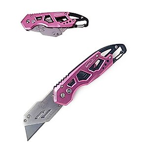 Apollo Tools Foldable Utility Knife with Lightweight Steel Construction, Carabiner Clip, Quick Blade Change Technology, Lock Feature. Accommodates Standard Blades - Pink Ribbon - Pink - DT5017P