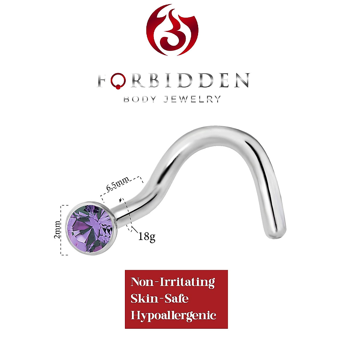 Forbidden Body Jewelry 18g Surgical Steel Purple Crystal Gem Nose Screw