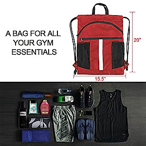 BeeGreen Red Drawstring Backpack Bag w Water Bottle Pockets Large String Workout Bag Sackpack w Zipper Pockets Shoe Compartment Swim Sports Cinch Bag for Gym Yoga