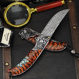 ALVELY Handmade Folding Pocket Knife, 3.6in Straight Alloy Steel Blade, Snake Lines Wood Handle, Liner Lock, with Leather Sheath, EDC Unisex Adult Knife