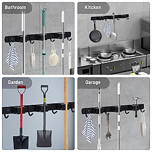 AACGIN Mop and Broom Holder Wall Mount Stainless Steel Broom Hanger Wall Mount 3 Racks with 4 Hooks Broom Holder Wall Mount for Kitchen Garden Laundry Garage - Black