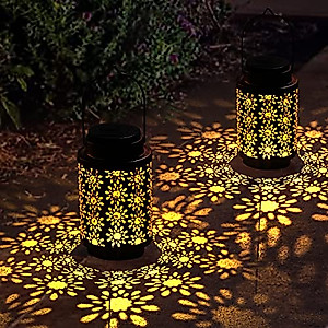 2 Pack Solar Lanterns Outdoor Hanging Retro Metal Landscape Lighting for Patio Yard Pathway Decorative, Crafted Garden Solar Lights Decor Indoor Long Lasting Performance Hollowed Out Pattern