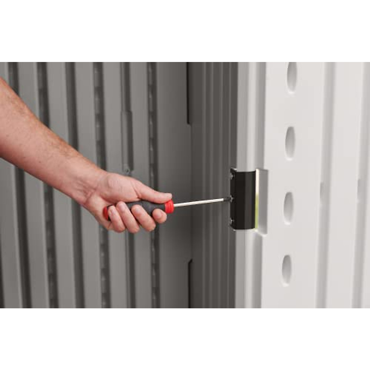 Rubbermaid Resin Weather Resistant Outdoor Storage Shed, 7 x 7 ft., Simple Gray/Onyx, for Garden/Backyard/Home/Pool