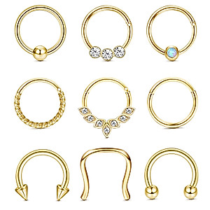 UBGICIG 9PCS Septum Jewelry 16G Septum Rings Daith Earrings Hoop Nose Rings Horseshoe Stainless Steel Septum Rings For Women Helix Tragus Lip Cartilage Earrings Silver Gold Black Rose Gold 8MM 10MM