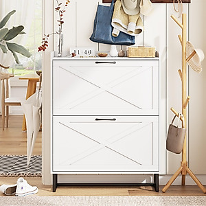 Maupvit Shoe Cabinet with 2 Flip Drawers, Freestanding Shoe Cabinet Organizer with Metal Legs, Shoes Storage Cabinet for Entryway, Narrow Shoe Rack Cabinet, White