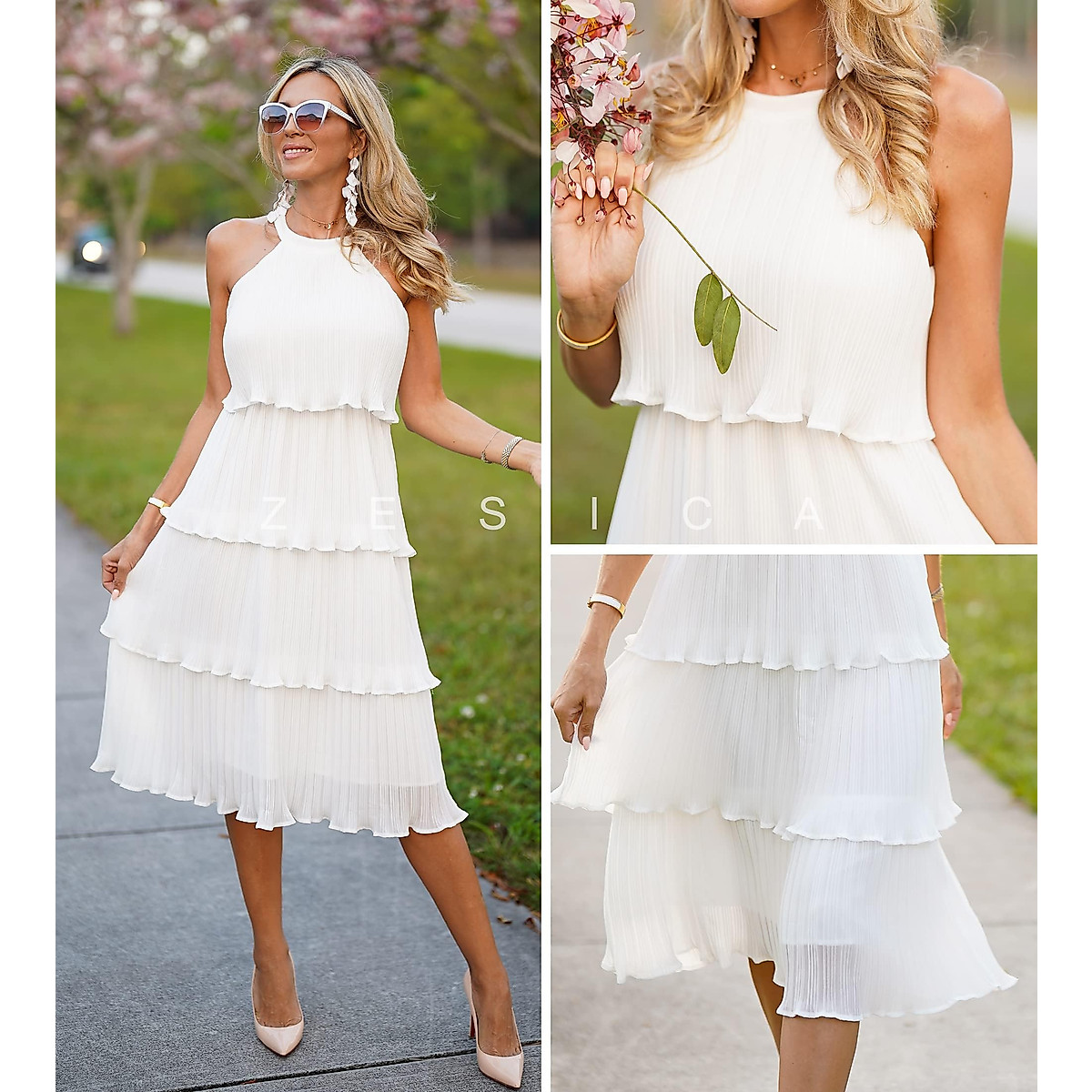 ZESICA Women's 2025 Summer Sleeveless Halter Neck Ruffle Tiered Layed Chiffon Flowy Swing Long Midi Dress,White,Small