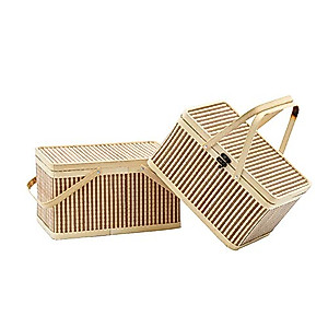 HEFUTE Handmade Bamboo Basket with Lid, Handle Square Portable Organizer with Lock Fit for Clothes Storage Lightweight Durable Easy to Carry