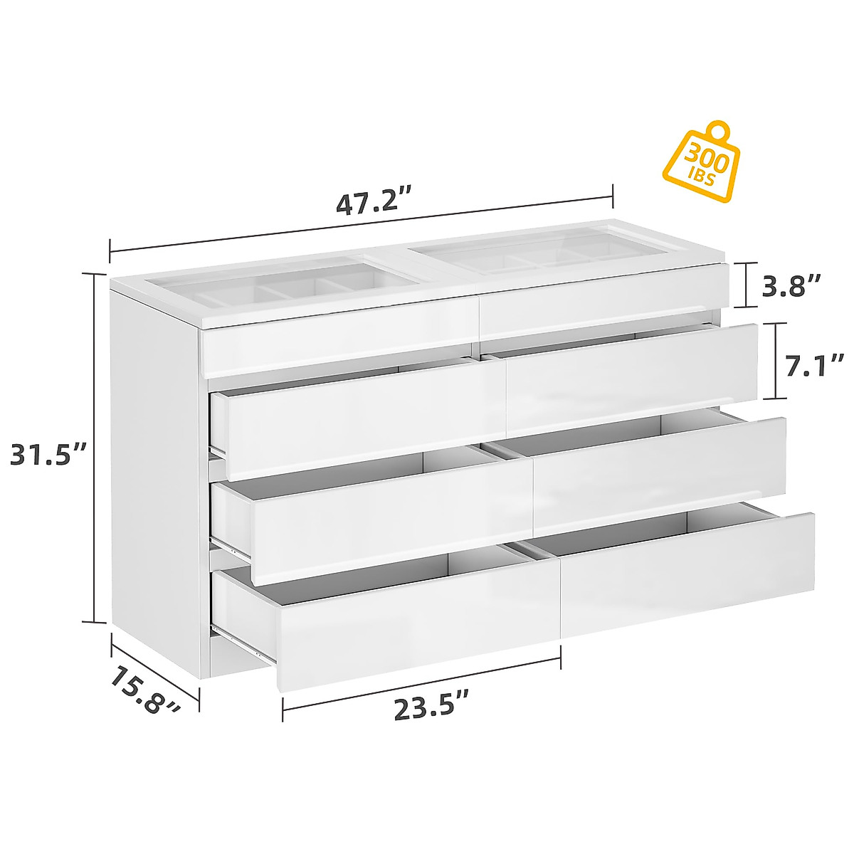 DWVO 8 Drawer Dresser with LED, White Dresser, Modern 8 Chest of Drawers with Deep Drawers Glass Top High Gloss Surface, Storage Organizer Cabinet for Living Room