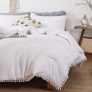 Smoofy Pom Fringe Comforter Set Queen Size White Boho Chic Cute Ball Pom Bedding Set Cali Soft Warm Vintage Lightweight Solid Comforter 3 Pieces (1 Pom Comforter, 2 Pillowcases)