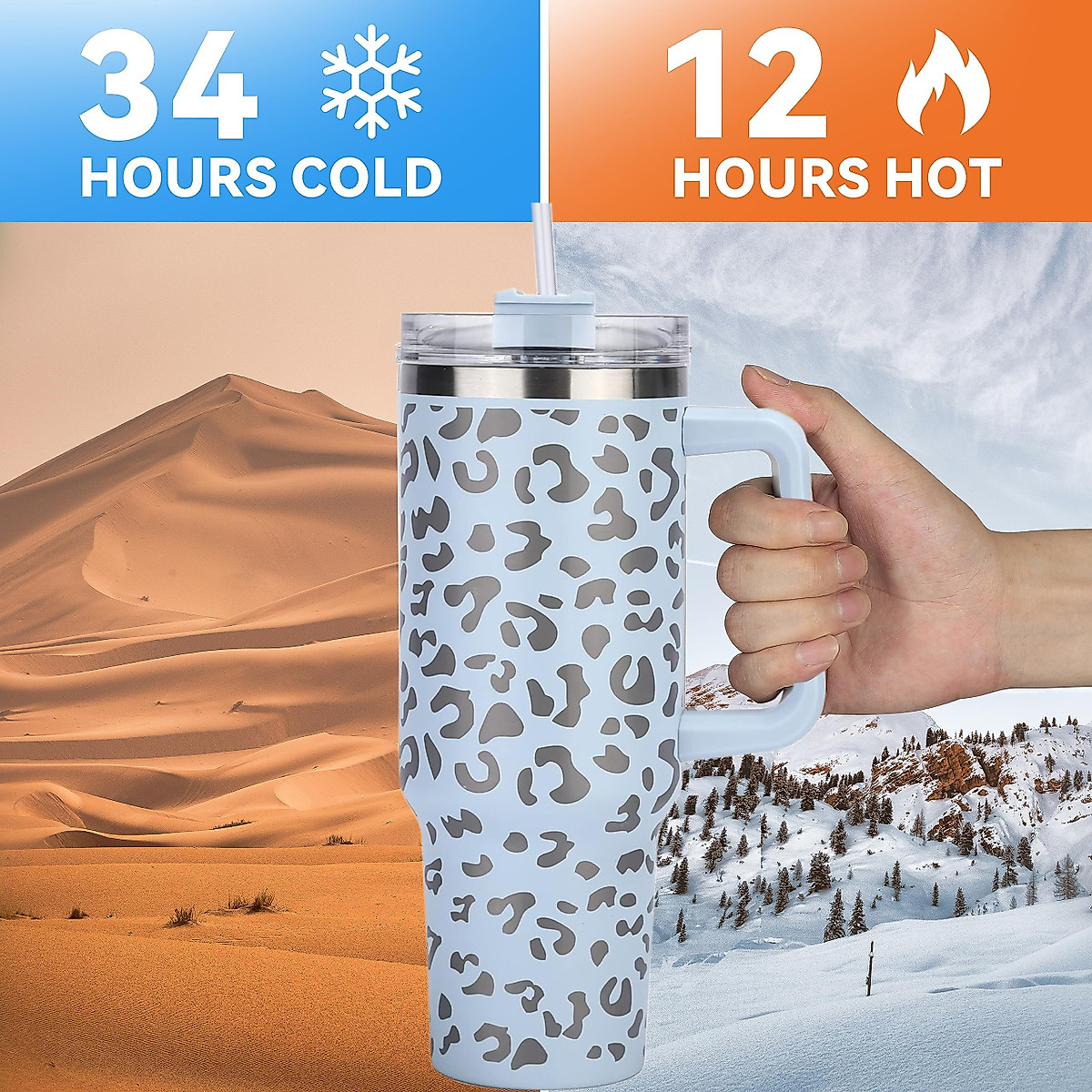 TINVSKQQKJ 40oz Leopard Tumbler with handle and Straw with lid,Double Walled Stainless Steel Leopard Tumbler Leak Resistant Insulated Sports Travel Cup for Cold Heat water and Ice for Hours