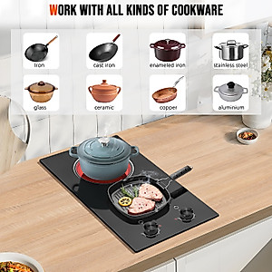 2 Burner Electric Stove, Nefaracy 12 Inch Electric Cooktop with Knob Control, Countertop & Built-in Electrical Stove Top, 2000W Ceramic Cooktop 110V, 9 Heating Level, Residual Heat Indicator, Plug in