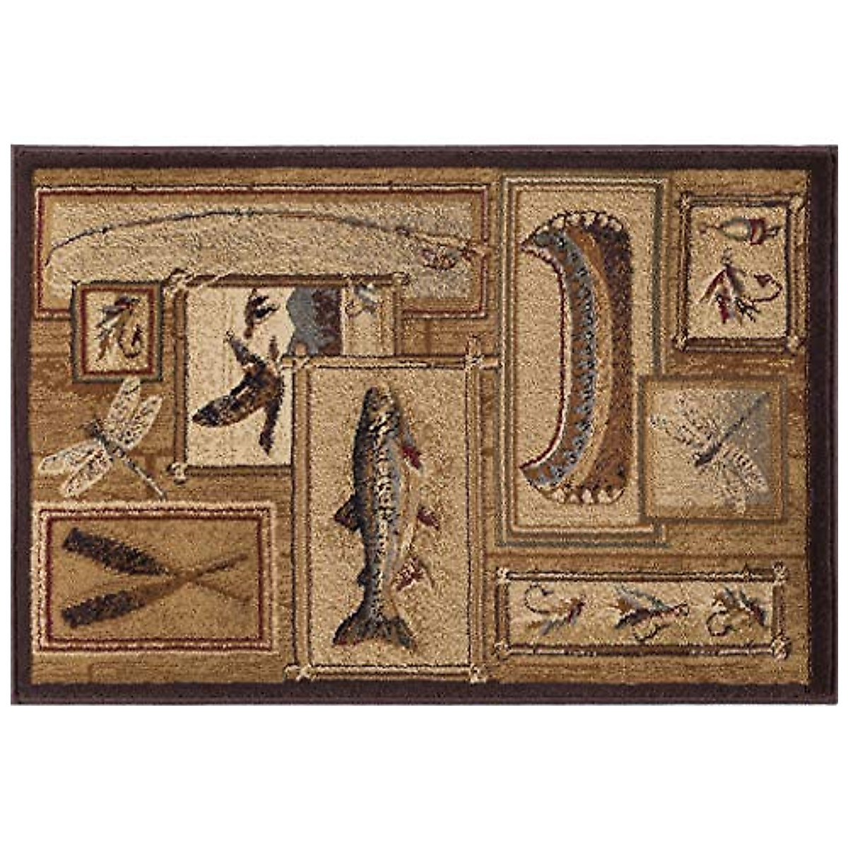 Trout Fishing Novelty Lodge Pattern Ivory Scatter Mat Rug, 2' x 3'