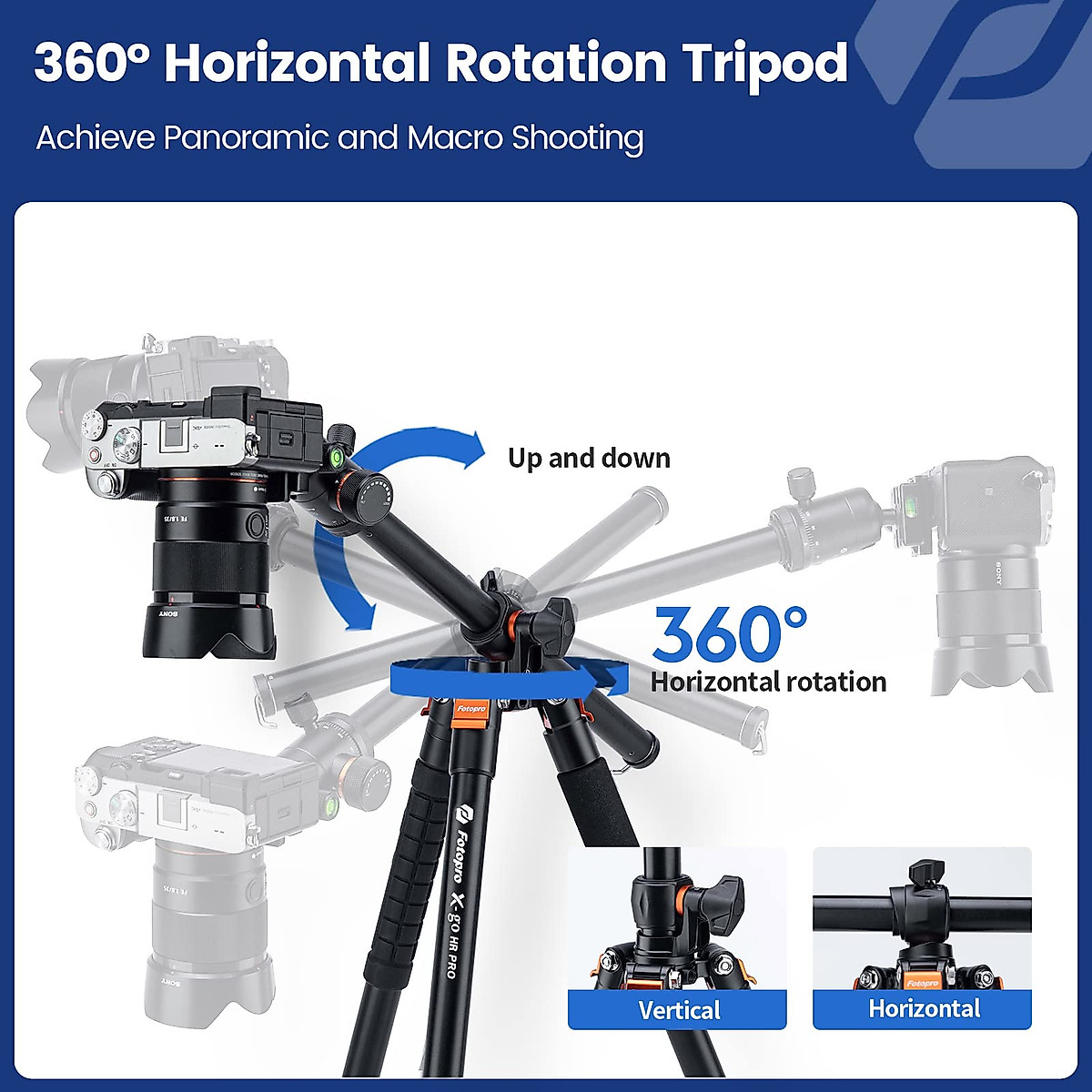 Fotopro 68 inch Camera Tripod Horizontal 360 Tripod Portable Monopod with Ball Head 16KG Load Capacity Quick Release Plate, for Travel and Work