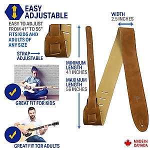 Perri's Leathers, Suede Guitar Strap, Suede Brown, Anti-Slip, Classic, Suitable for Each Level, Standard Size, 56 Inch Compatible with All Button Lock Systems