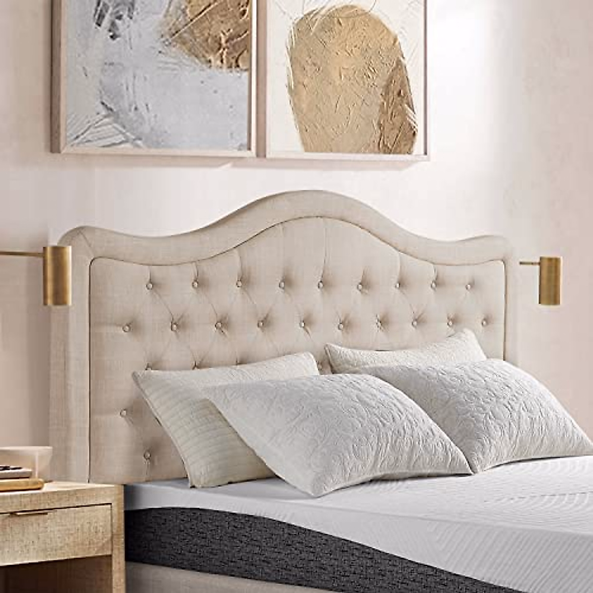 Rosevera Niana Upholstered Tufted Natural Linen Adjustable Headboard Bed with Adjustable Height for Bedroom, King, Wave Top Beige