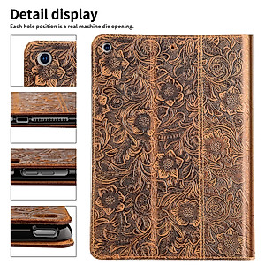 Gexmil Leather Case for iPad 10.2 Inch, 9th/8th/7th Gen,Cowhide Folio Cover for iPad 2021/2020/2019, Genuine Leather case, Auto Wake/Sleep,Adjustable Stand,Floral Brown
