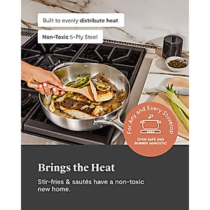 Caraway Stainless Steel Sauté Pan (4.5 Qt) - 5-Ply Stainless Steel - Oven Safe & Stovetop Agnostic - Non Toxic, PTFE & PFOA Free