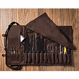 Asaya Waxed Canvas Knife Roll - 15 Knife Slots, Card Holder and Large Zippered Pocket - Genuine Leather, Cloth and Brass Buckles - for Chefs and Culinary Students - Knives Not Included