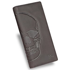 DK86 Skull Long Wallet For Men Full Grain Leather Rfid Blocking Rodeo Wallet Bifold Wallet Skull Wallet, Coffee A