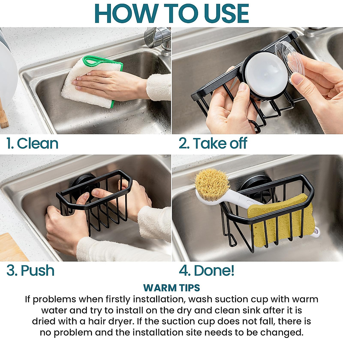 TAILI Sponge Holder with Strong Suction Cup, Dish Sponge Caddy Inside Sink Removable, Rustproof Aluminum for Sponges, Brushes, Stoppers and Scrapers - Black