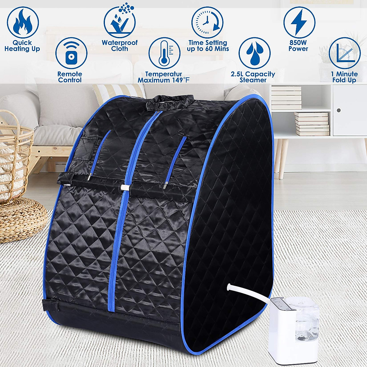 Hurbo Newest Portable Folding steam Sauna Room, Home Sauna spa, Weight Loss Therapy, Full Body Spa Detox Sauna Room with Foldable Chair Timer Remote Contro (29.5 x 35 x 40.3inch, Black Blue)