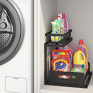 Under Sink Organizers and Storage, Double Sliding Pull Out cabinet organizer for Bathroom Organization and Storage 2 Tier Kitchen Sink Organizer Under Cabinet Storage Organizer with Slide Drawers