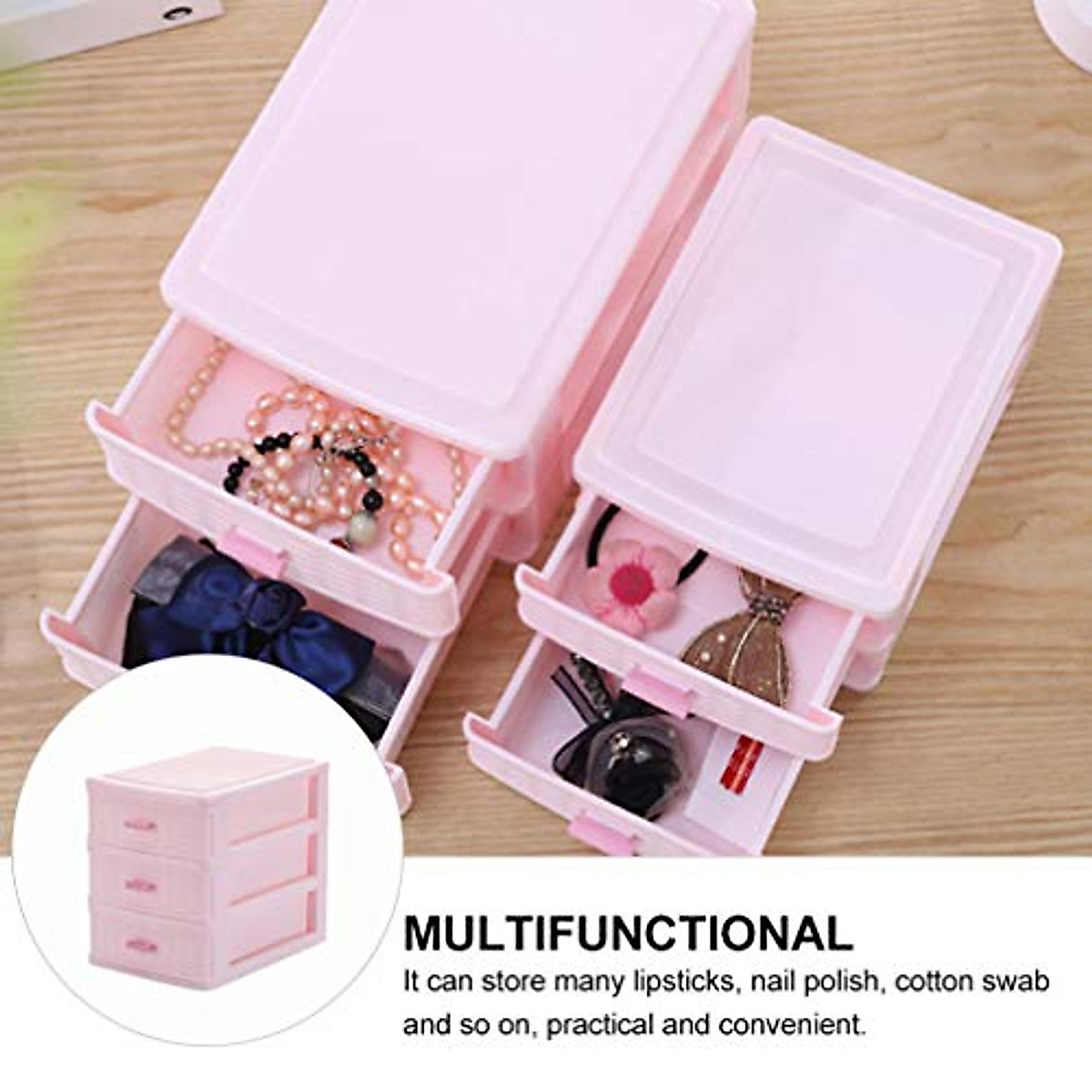 DOITOOL Drawer Desktop Storage Organiser 3 Layer Large Capacity Cosmetic Storage Case Jewelry Holder Box Storage Container for Vanity Bathroom Counter Dresser Pink