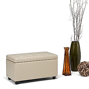 SIMPLIHOME Cosmopolitan 34 Inch Wide Transitional Rectangle Storage Ottoman in Satin Cream Vegan Faux Leather, For the Living Room, Entryway and Family Room