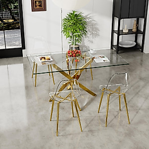 HAIZAO 63" Glass Dining Table for 4-6, Contemporary Rectangular Dining Room Table with Tempered Glass Top & Gold Finish Stainless Steel Legs, Modern Large Kitchen Table for Home Office