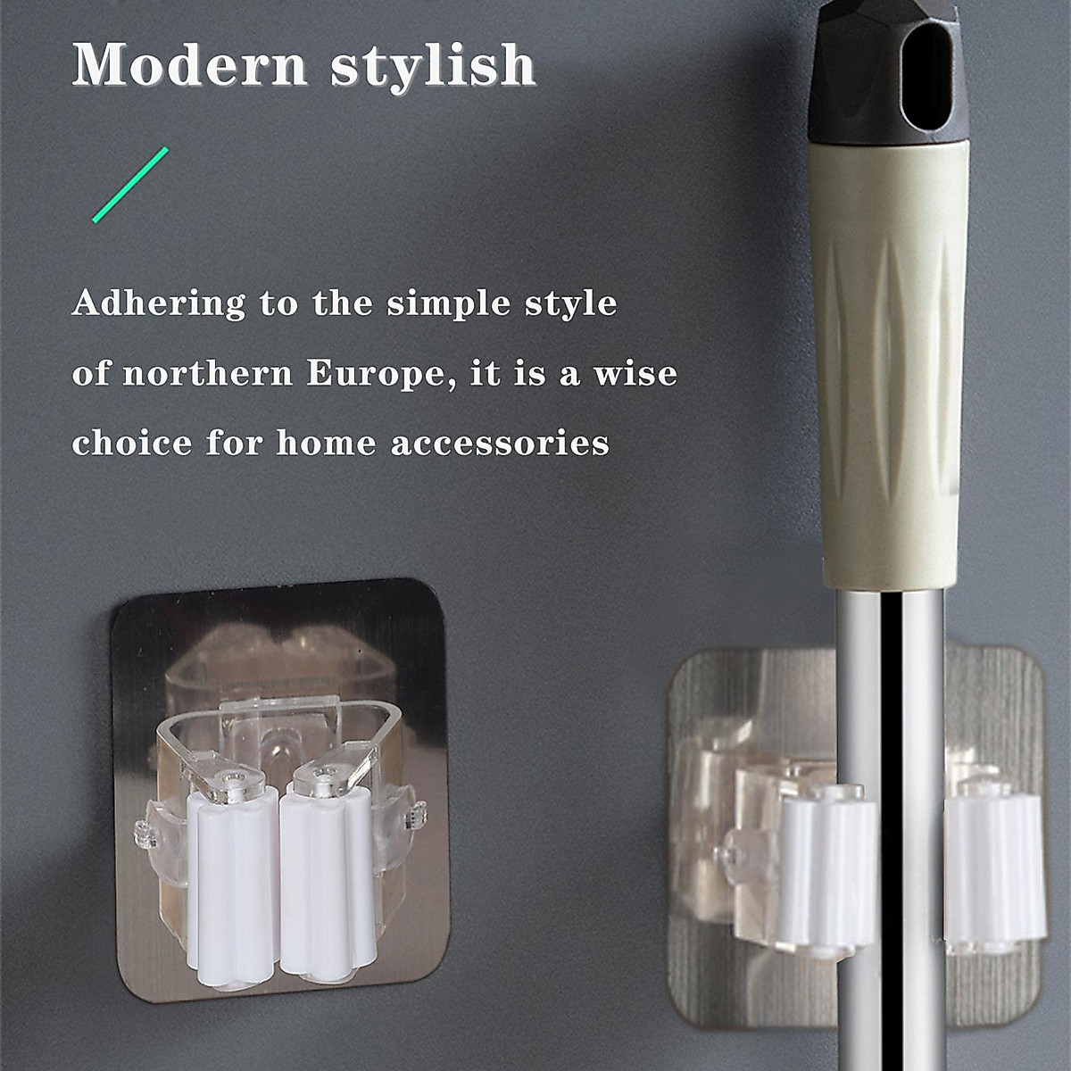 4PCS Mop Broom Holder No Drill Stainless Steel, Mop Broom Organizer Wall Mounted Heavy Duty with Hooks Hanger, Storage Rack Self Adhesive for Bathroom, Kitchen, Office (White)