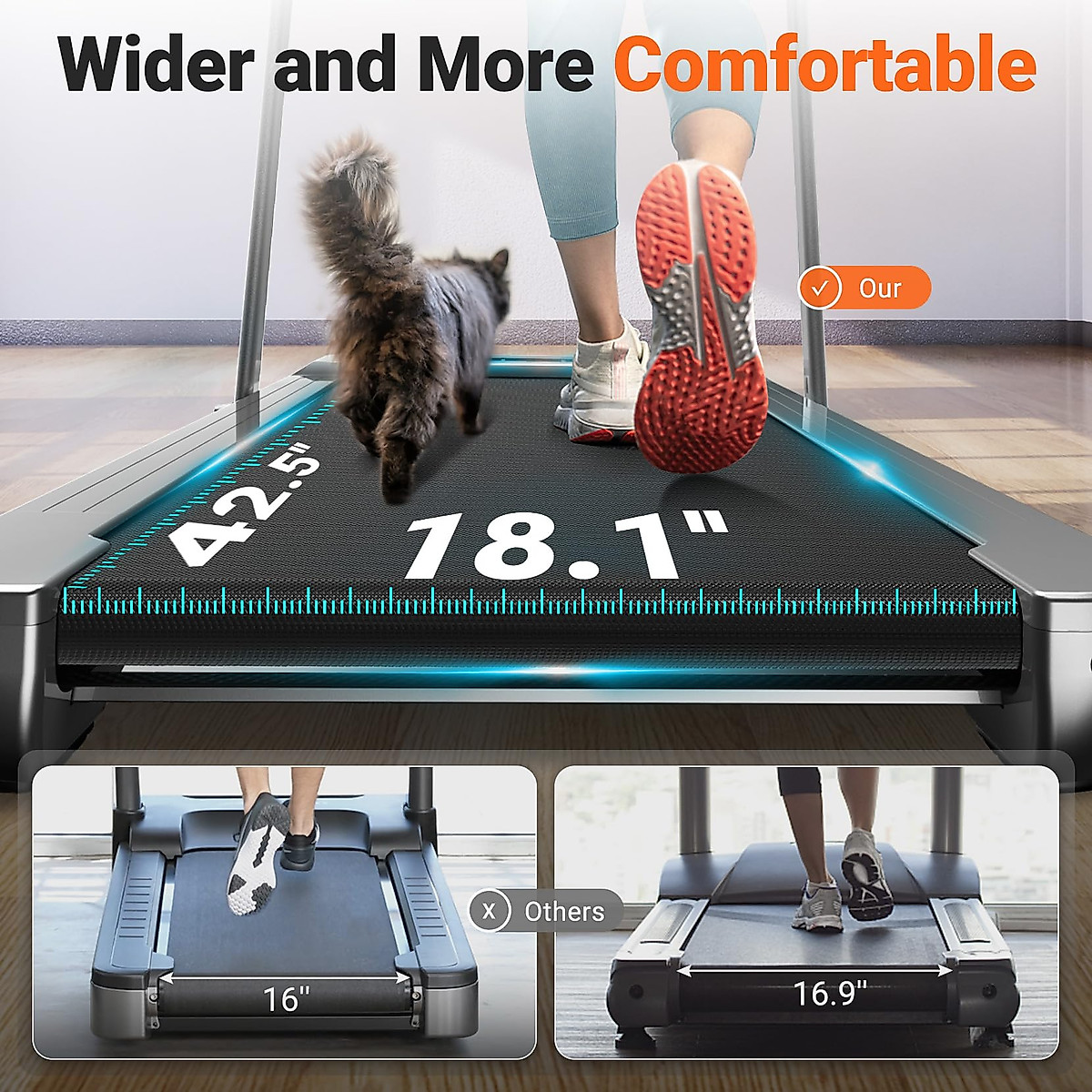 THERUN Under Desk Treadmill, Folding 2 in 1 Treadmill 265 lb Capacity 3.0 HP 18.13 Inch Widen Running Belt Walking Pad with APP Control, Remote Control for Home, Office (Silver-Gray)