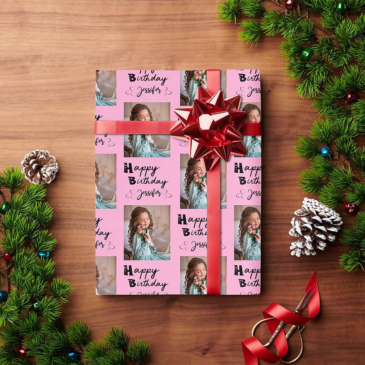 MyPupSocks Personalized Photo Wrapping Paper, Happy Birthday with Name Photo Pink Custom Gift Wrapping Paper with Picture for Teens Women Men Mom Dad Birthday Wedding Anniversary 58x23 2 Rolls