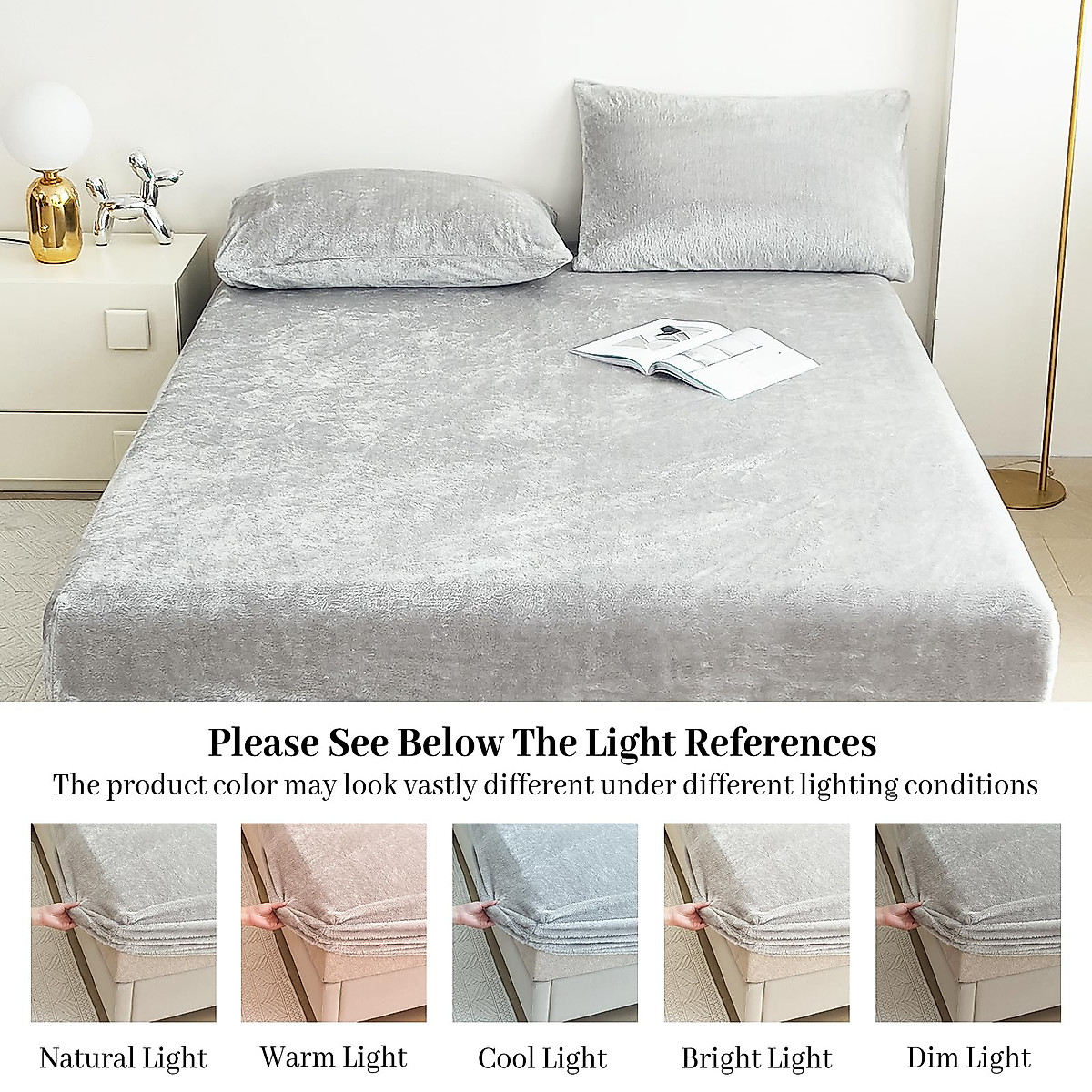 YIYEA Fleece Fitted Sheet Full Size, Ultra Soft Faux Fur Deep Pocket, Fluffy Plush Velvet for Fall Winter, Cozy Warmth and No Shedding, Light Grey