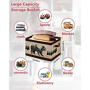 Bear Pine Trees Silhouettes Storage Basket for Shelves, Retro Paper Storage Cube Fabric Storage Bins, Closet Organizers with Handles for Book, Toys, Cloth, 15x11x9.5 Inch
