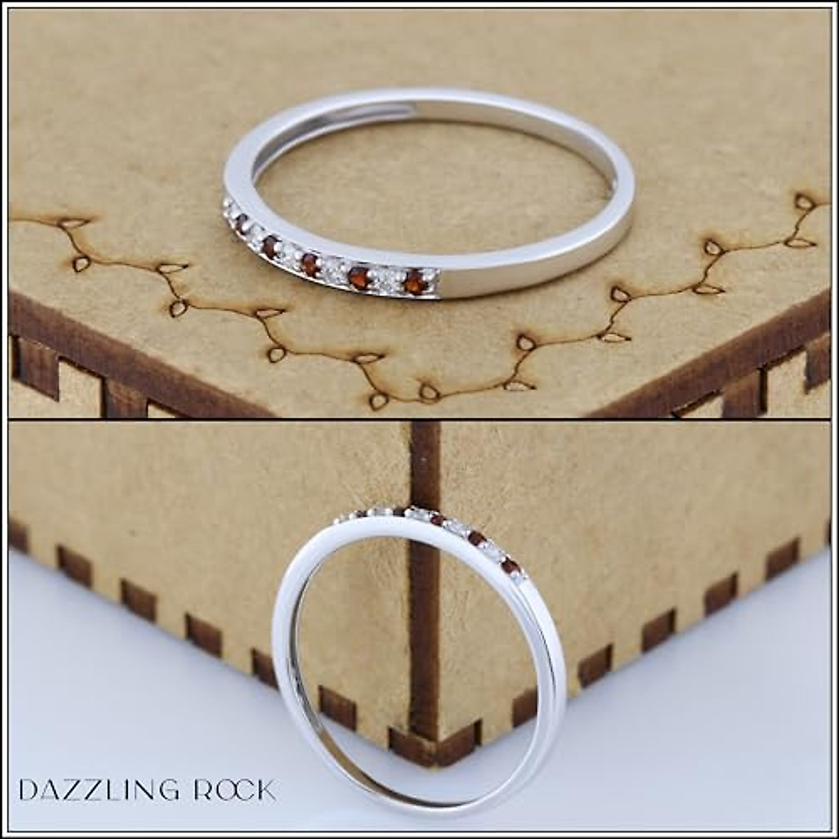 Dazzlingrock Collection Round Garnet & White Diamond Alternate Stone Minimalistic Stackable Ring for Women in 10K Solid White Gold, Size 7