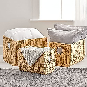 mDesign Natural Woven Hyacinth Closet Storage Organizer Basket Bin - for Cube Furniture Shelving in Closet, Bedroom, Bathroom, Entryway, Office - 3 Pack - Natural/Chrome
