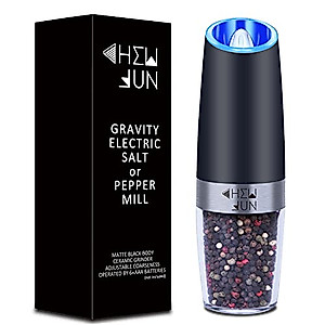 Gravity Salt and Pepper Mill with Adjustable Coarseness Automatic Pepper and Salt Grinder Battery Powered with Blue LED Light,One Hand Operated,Brushed Stainless Steel by CHEW FUN