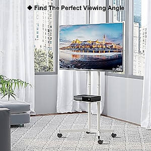 BONTEC Tilt Rolling TV Stand for 32-85Inch LED, LCD, OLED,4k TVs, Mobile Height Adjustable TV Cart with Laptop Shelf and Locking Wheels, Holds Up to 132lbs, Max VESA 600x400mm, White