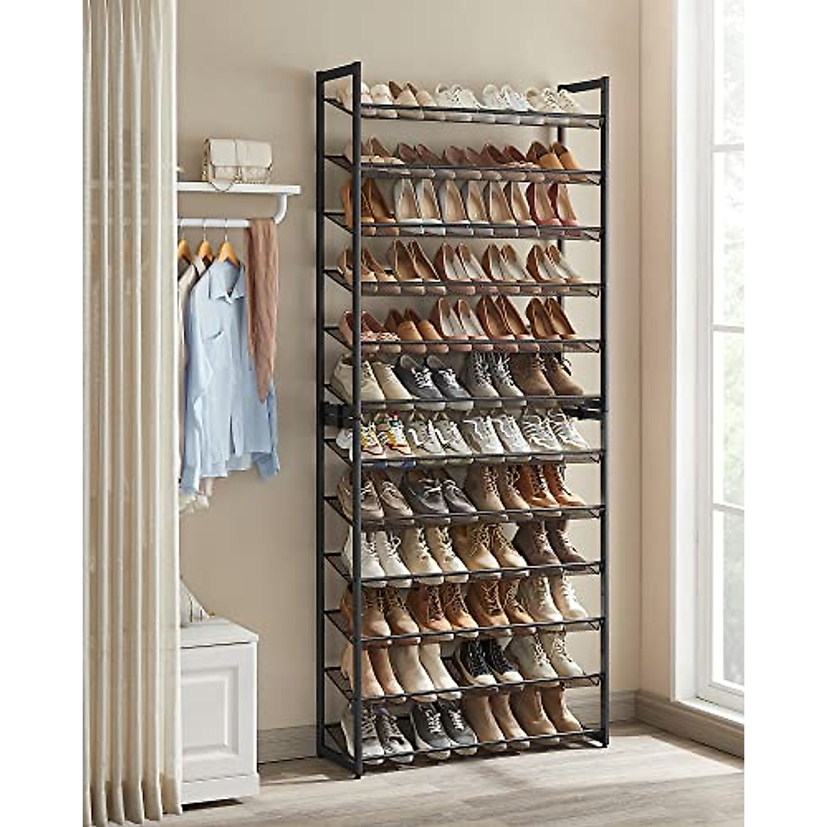 SONGMICS Shoe Rack, 12-Tier Tall Metal Shoe Storage Organizer for Closet, Entryway, Garage, Set of 2 6-Tier Big Stackable Shoes Rack Shelf, Adjustable Feet & Slanted Shelves, Holds 48-60 Pairs, Black