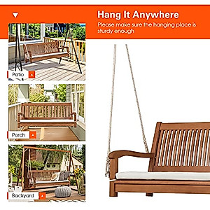Tangkula 2 Person Hanging Porch Swing, Outdoor Bench Swing with Chains, High Back, Cozy Armrests, Heavy Duty 800Lbs Wooden Hanging Swing Chair with Cushion for Backyard, Deck, Garden