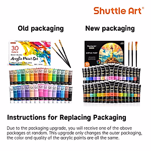 Shuttle Art 30 Colors Acrylic Paint Set, 36ml Tubes with 3 Brushes, Artist Grade Acrylic Paint, for Kids Adults Beginners, Painting on Crafts Canvas Wood Rocks